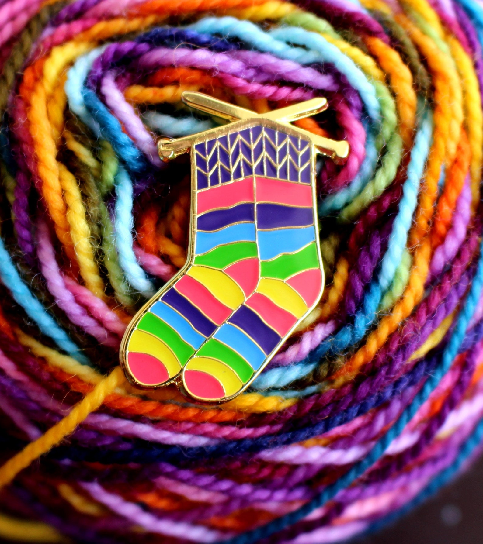 Sock Knitting Pin Enamel Pins Self Striping Yarn Hand Knit Toe up Cuff ...