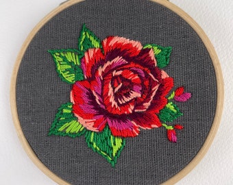 Original Embroidery Mini Hand Embroidered Red Long-stemmed Rose Hoop ...