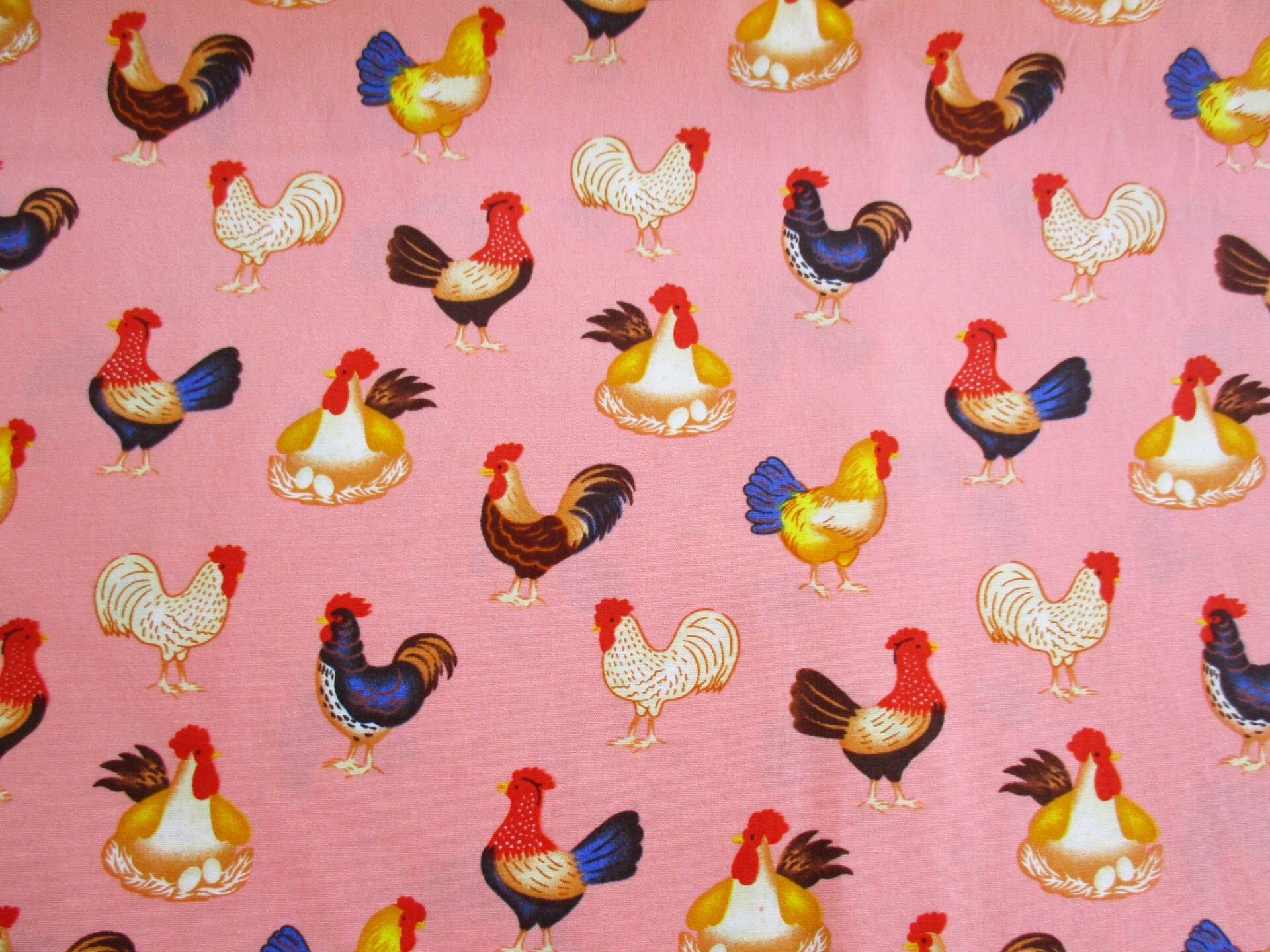 Hen Cork Chicken Cotton Fabric Rouge Pink With Chick and | Etsy