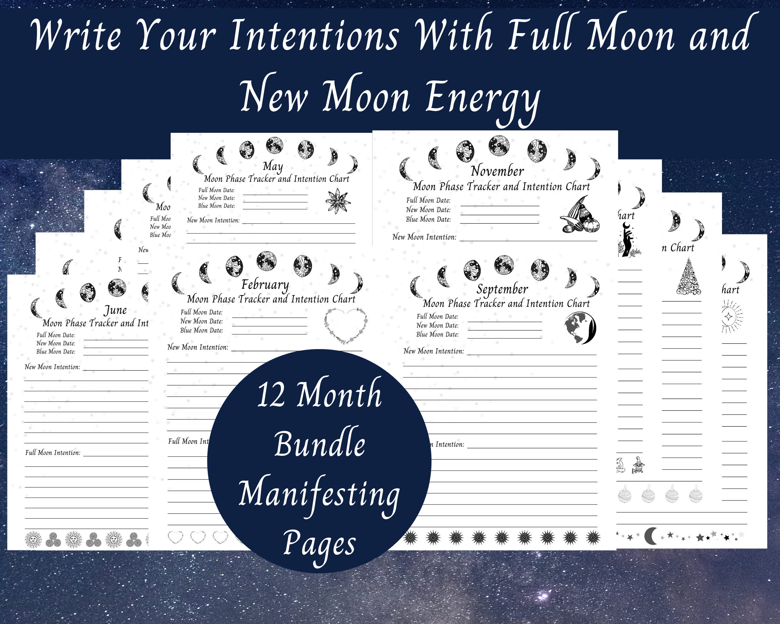 Instant Download Moon Chart Journaling Pages for Moon Phases 12 Month ...