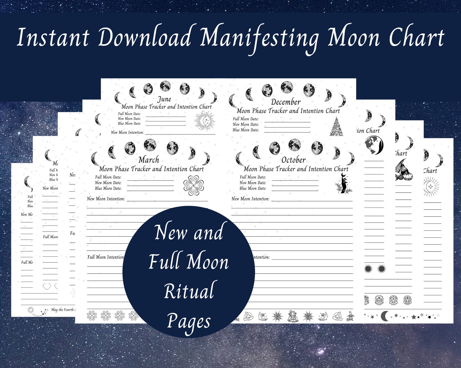 Instant Download Moon Chart Journaling Pages for Moon Phases 12 Month ...