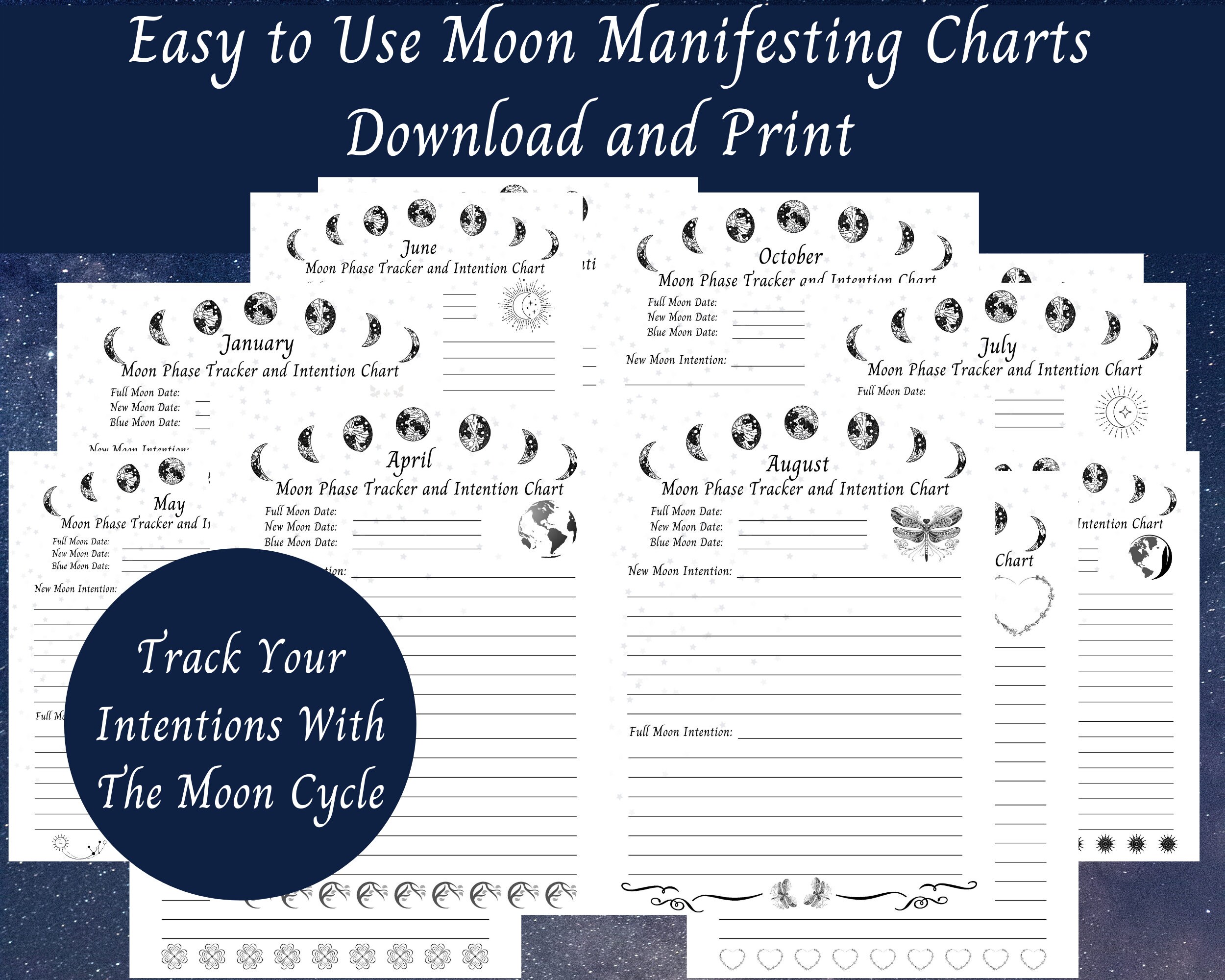 Instant Download Moon Chart Journaling Pages for Moon Phases 12 Month ...