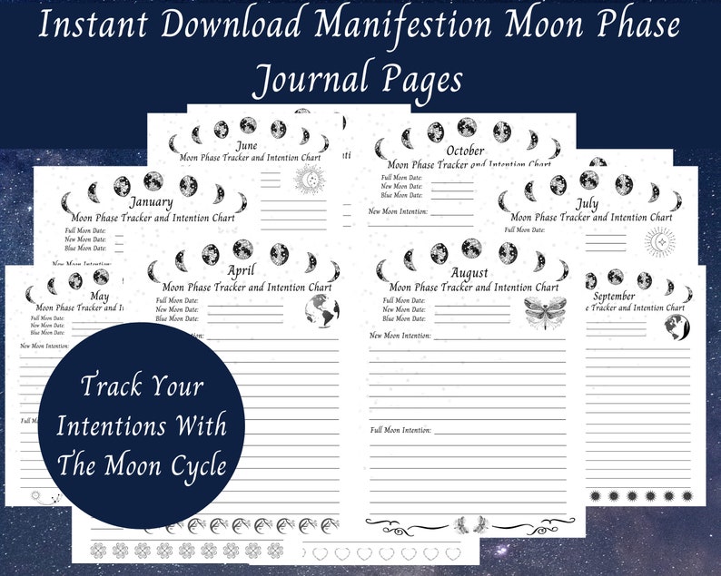 Instant Download Moon Chart Journaling Pages for Moon Phases 12 Month ...