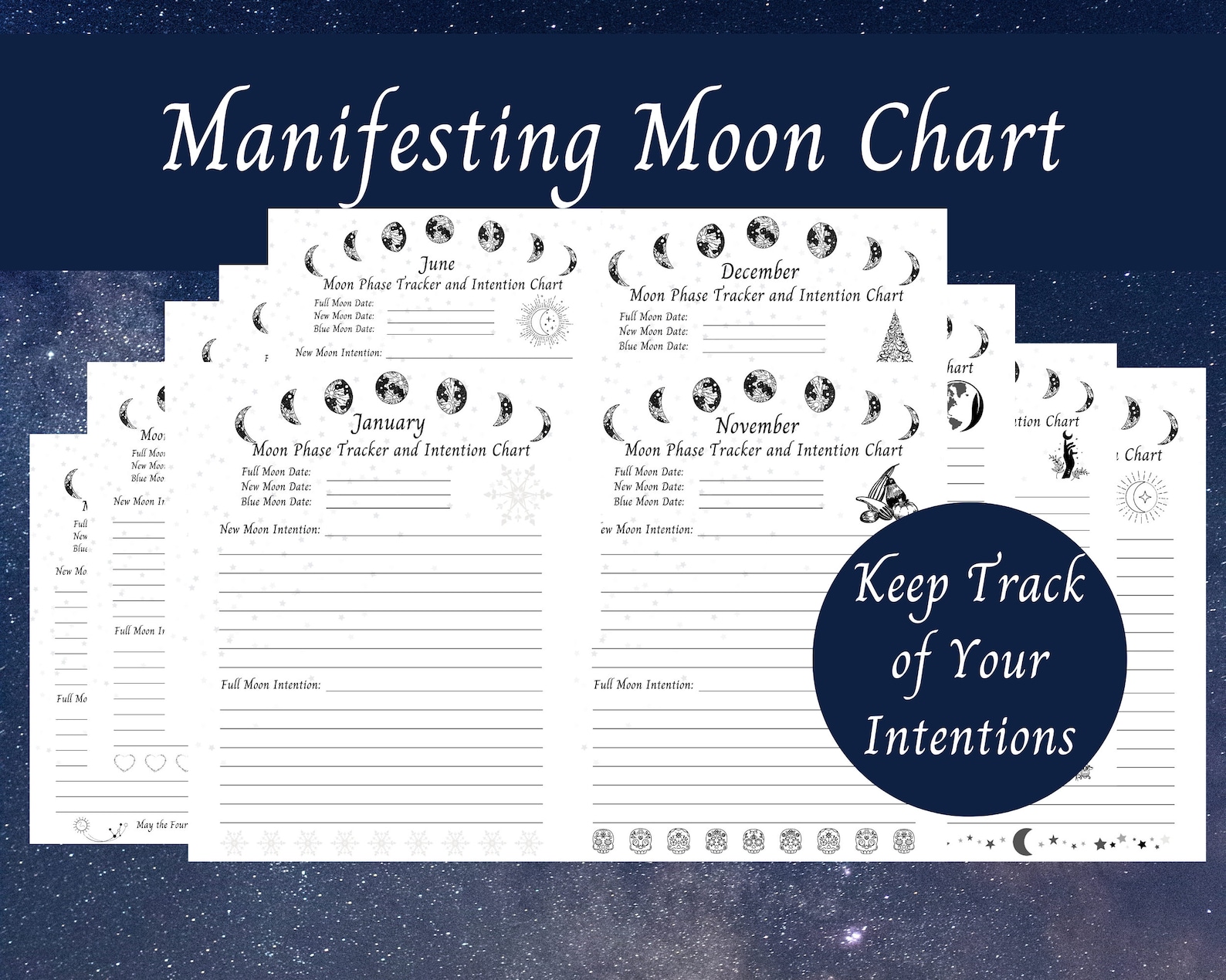 Instant Download Moon Chart Journaling Pages for Moon Phases 12 Month ...