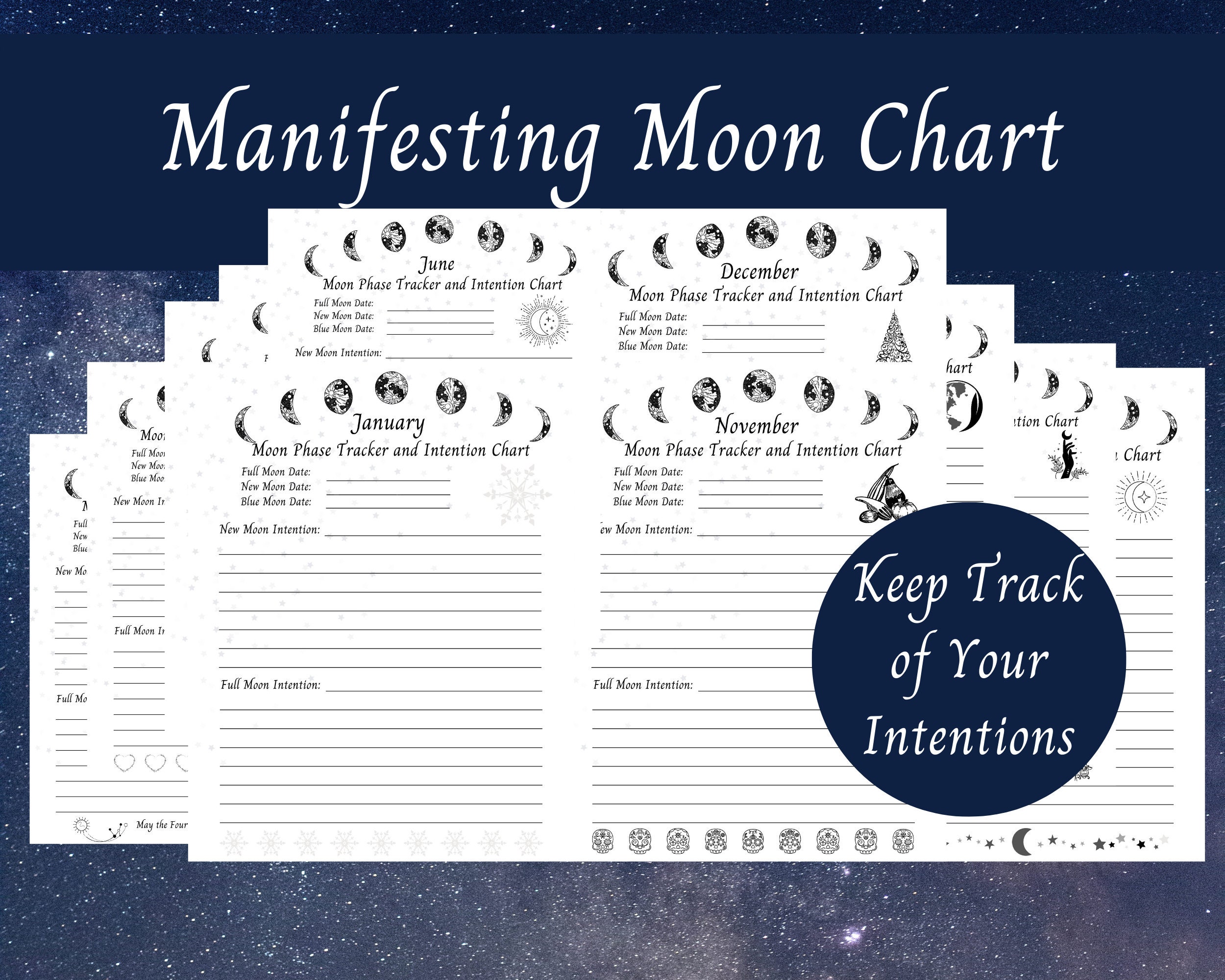Instant Download Moon Chart Journaling Pages for Moon Phases 12 Month ...