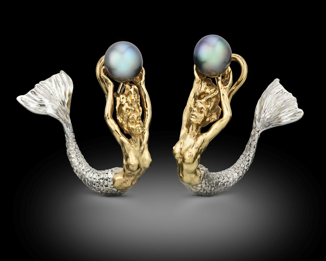 14K Gold and Silver Mermaid Pearl Earrings With Omega Backings - Etsy