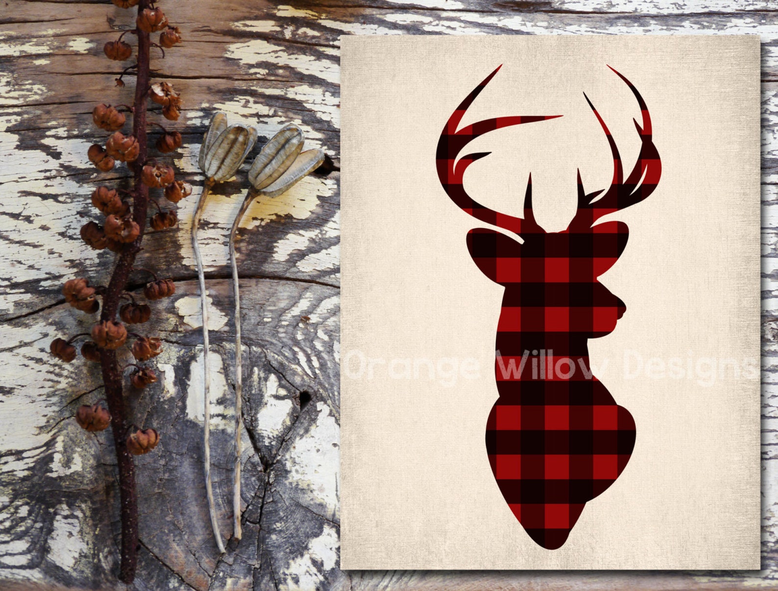 Deer Head Buck Buffalo Check Red and Black plaid Holiday | Etsy