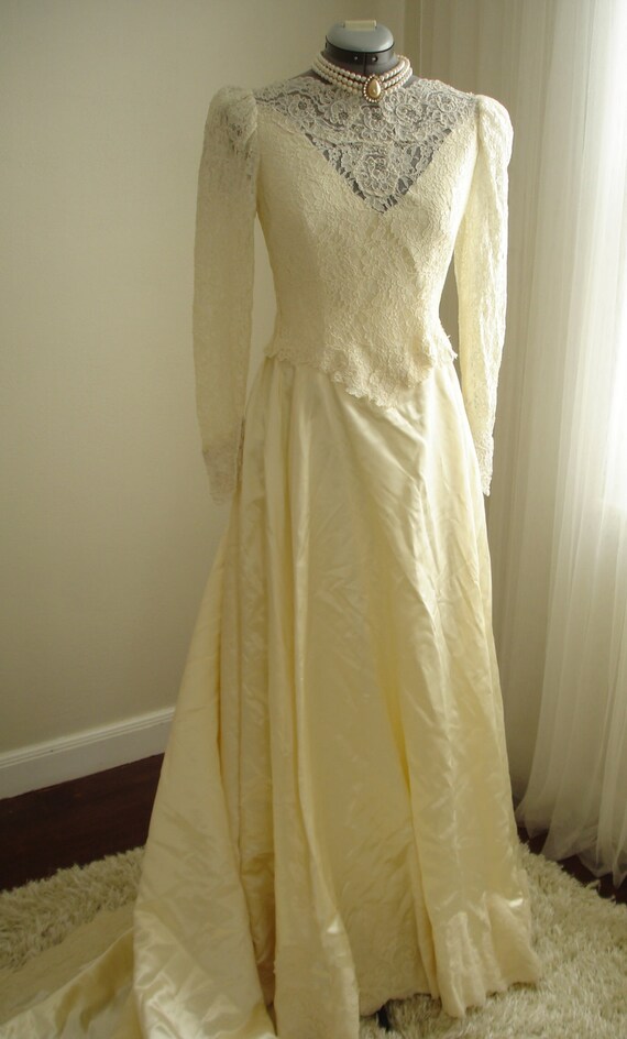 Ivory Satin Wedding Gown with Lace Overlay Modest Bod… - Gem