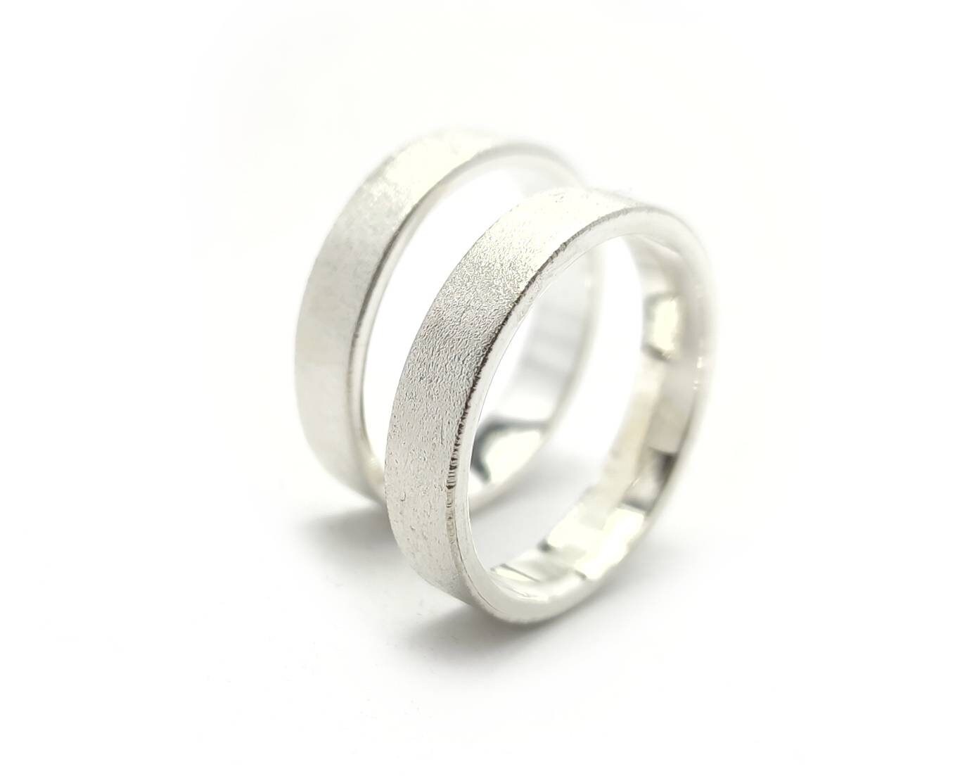 Sterling Silver Matte Flat Wedding Band Set - His and Hers 4mm Rings - Etsy