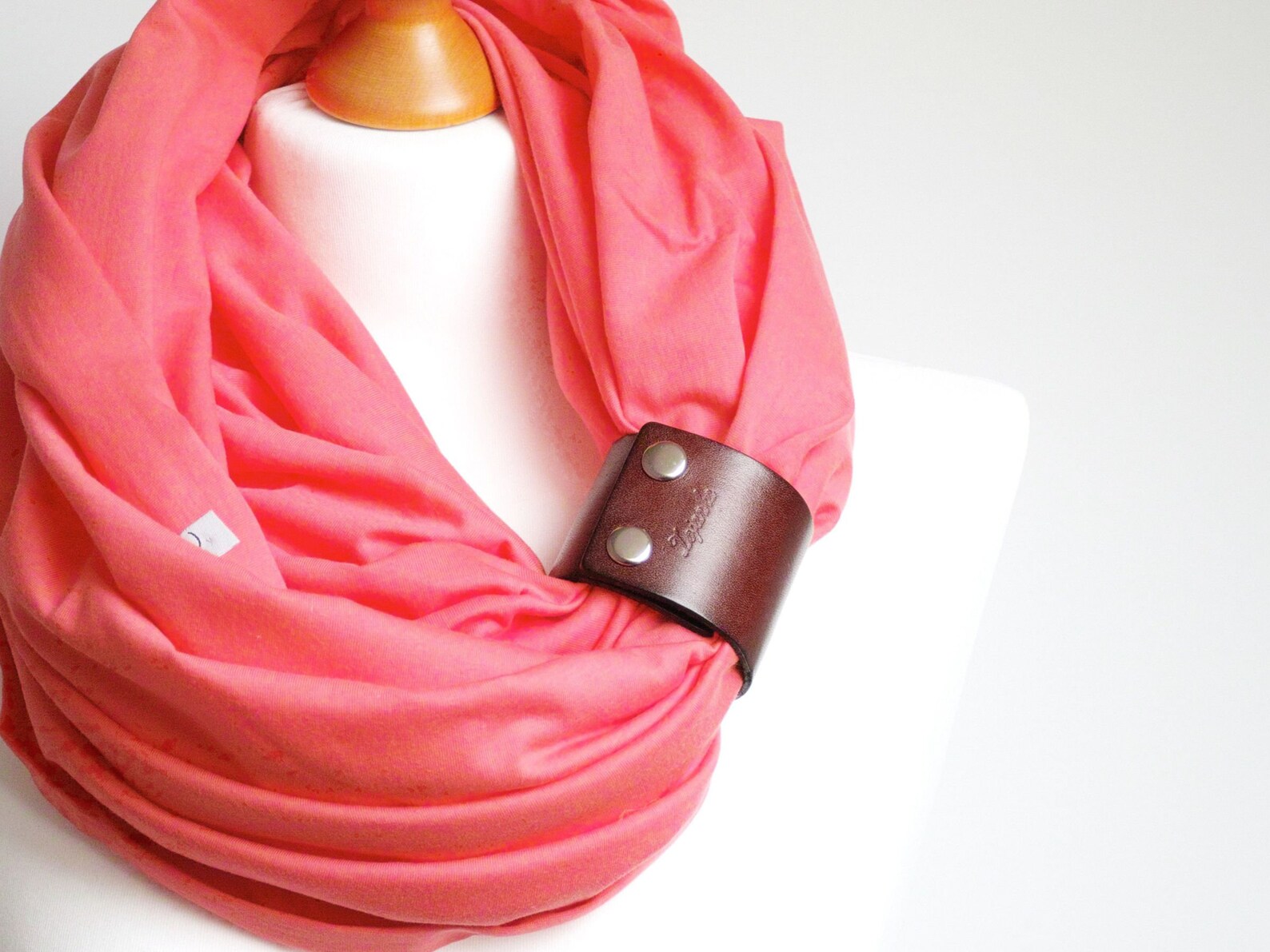 Infinity Scarf With Leather Cuff, CORAL Cotton Infinity Scarf Women ...