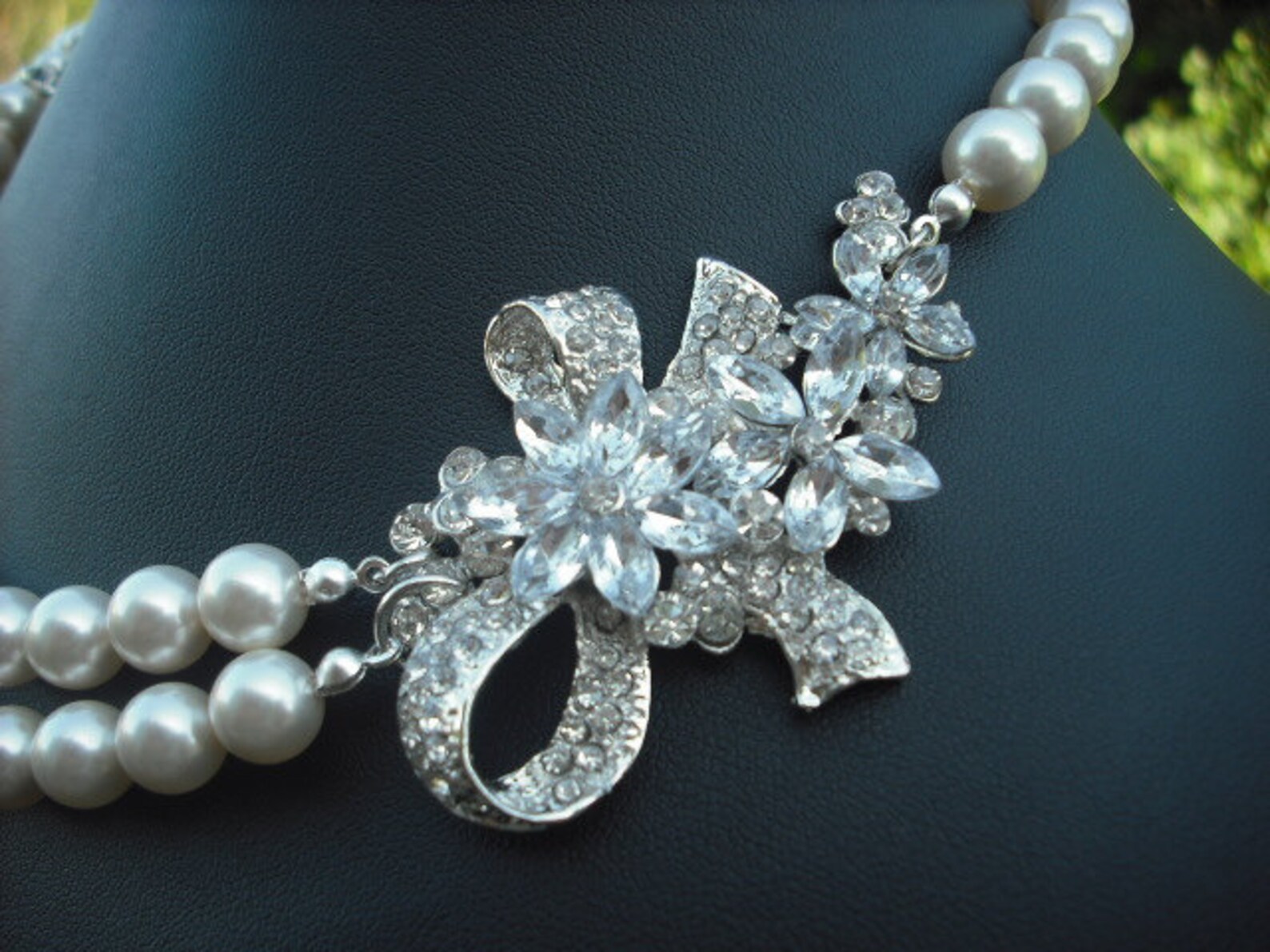 Leah Collection Bridal Necklace Bow With Flowers Rhinestone And Pearl Necklace Vintage Style