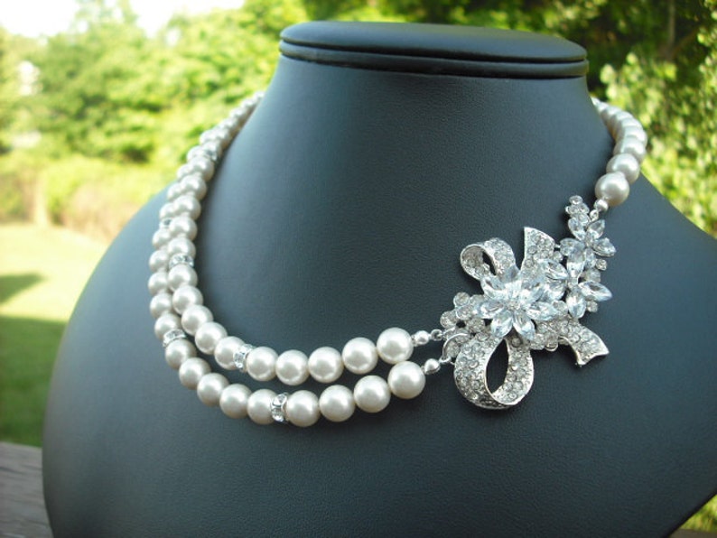 Leah Collection Bridal Necklace Bow With Flowers Rhinestone And Pearl Necklace Vintage Style