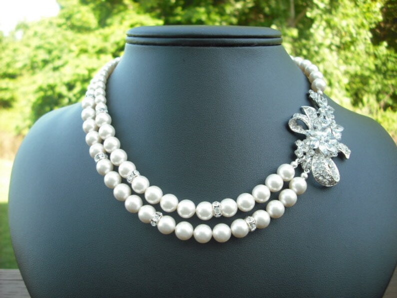 Leah Collection Bridal Necklace Bow With Flowers Rhinestone And Pearl Necklace Vintage Style