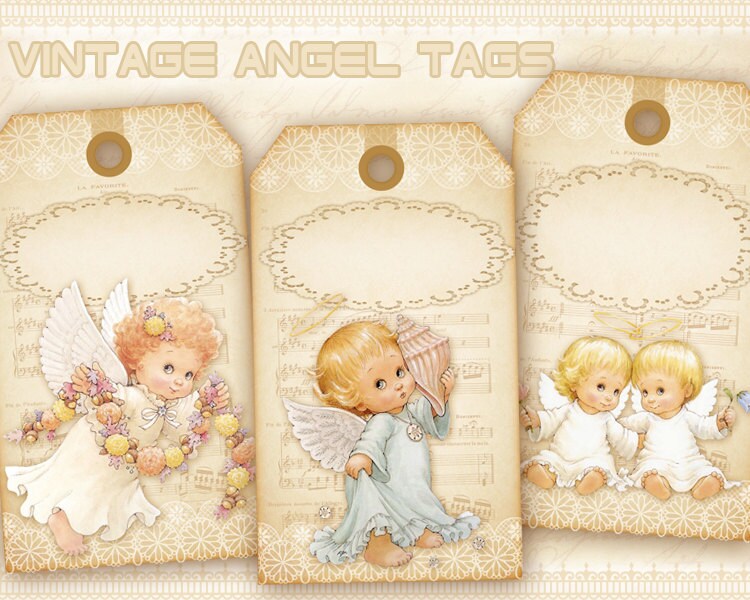 Vintage angel gift tags Digital printable tags on Digital | Etsy