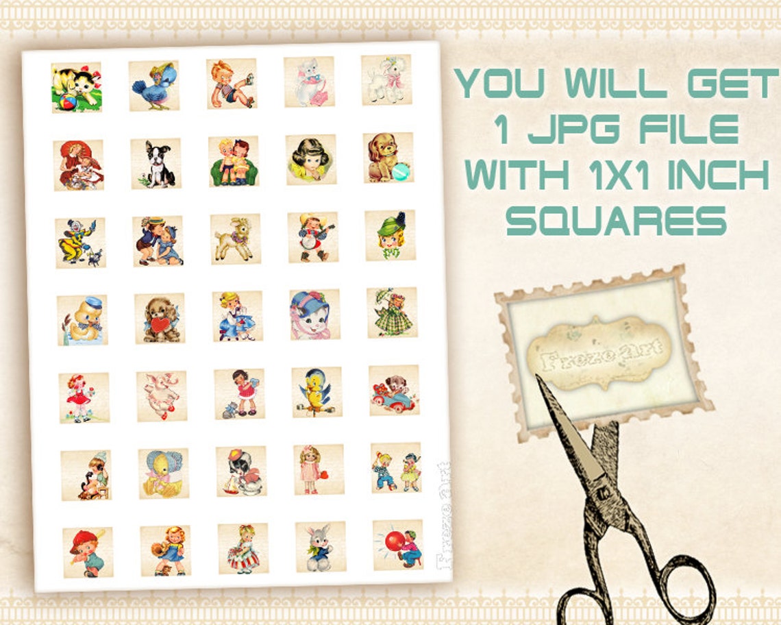 Retro 1x1 inch squares Printable download Digital collage | Etsy