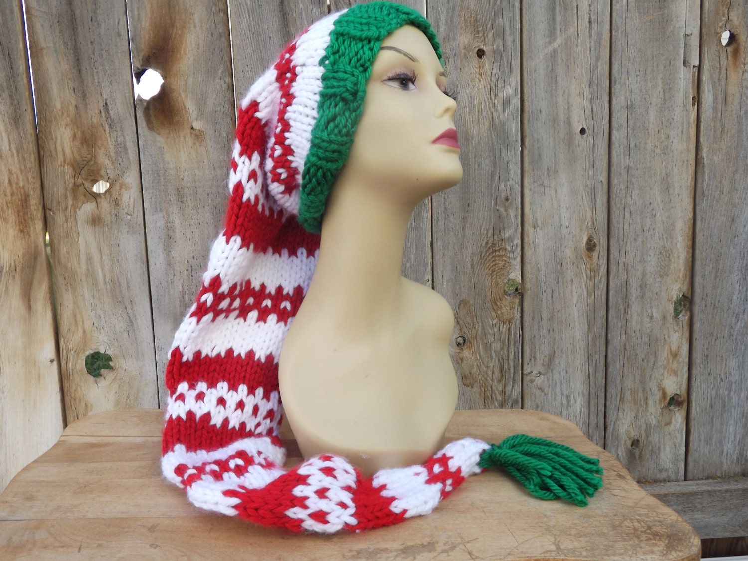 Custom Order-santa Hat-stocking Cap--hand Knit-red, Green and White ...