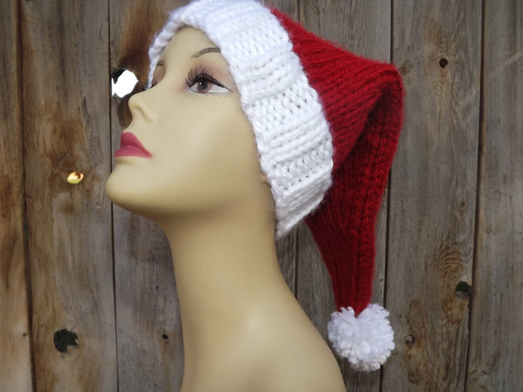 Santa Elf Hat With Pompom - Christmas - Stocking Cap - Hand Knit - Red ...