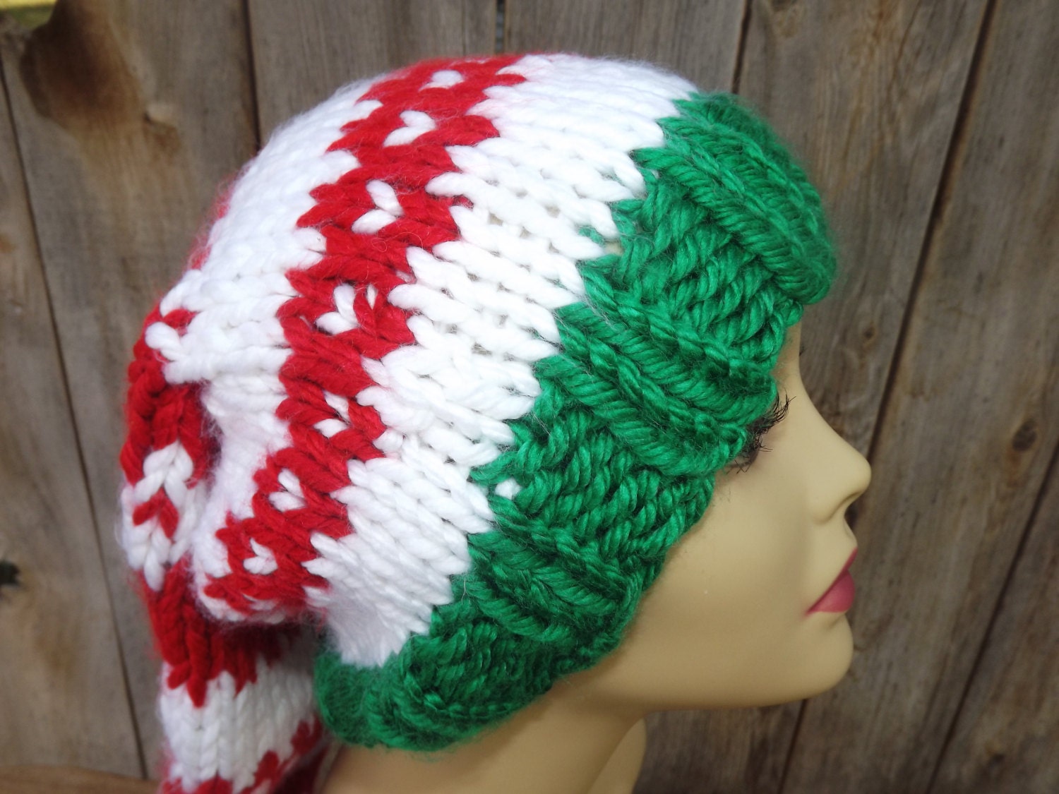 Custom Order-santa Hat-stocking Cap--hand Knit-red, Green and White ...