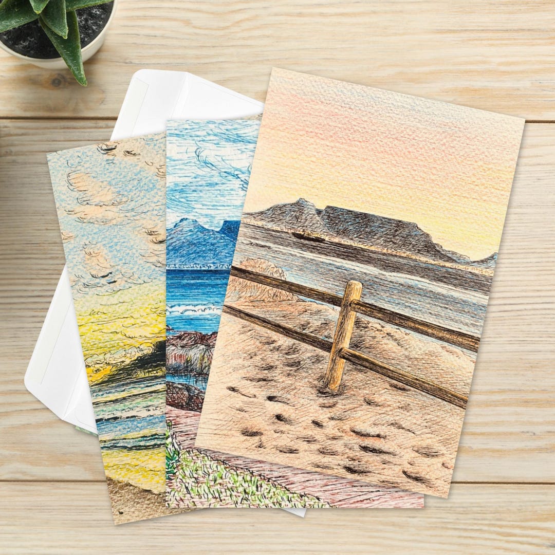 Table Mountain, Beach and Sunset Art Greeting Cards Gift Set of 3 or ...