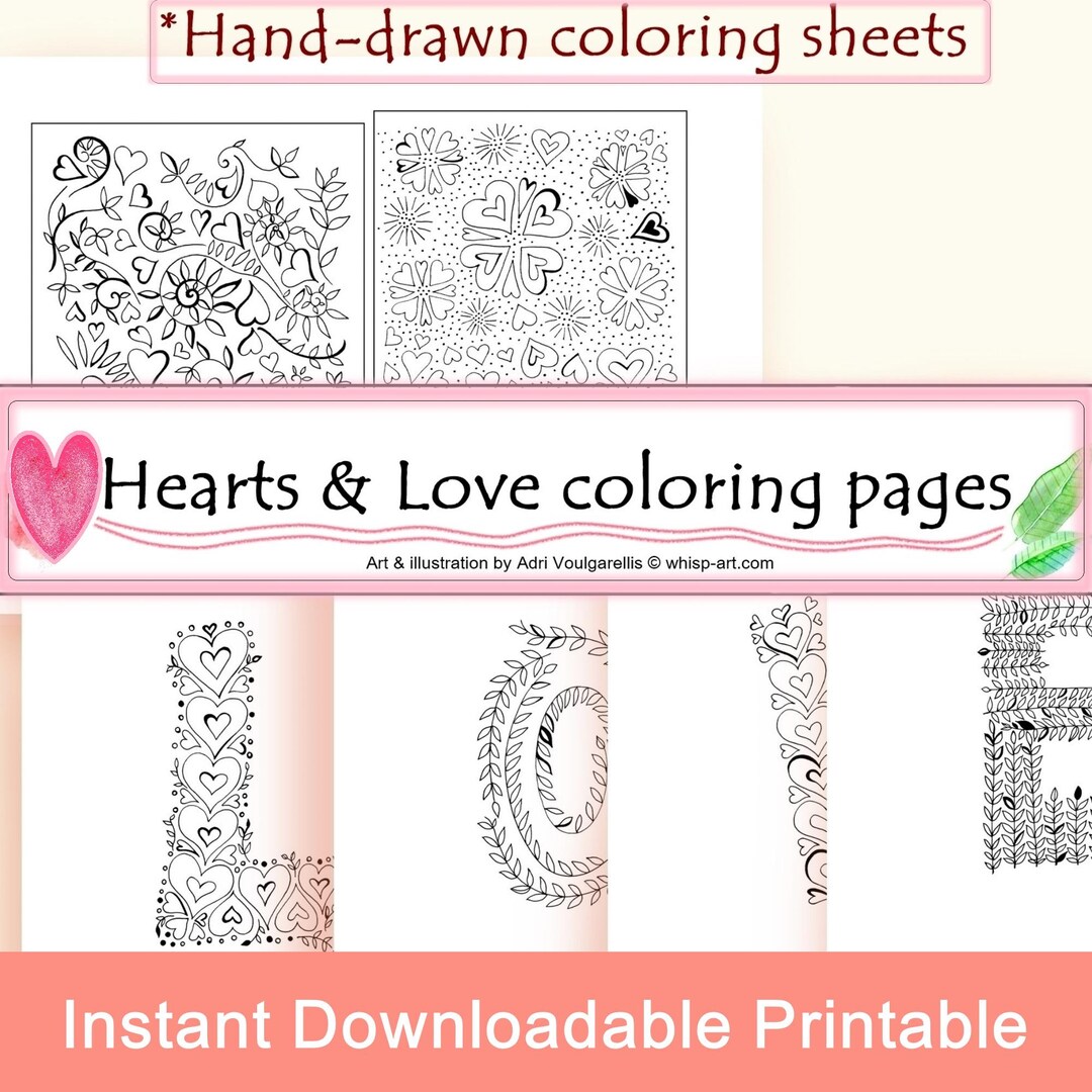 Hearts & Love Printable Coloring Pages Set of 5, Valentines and ...