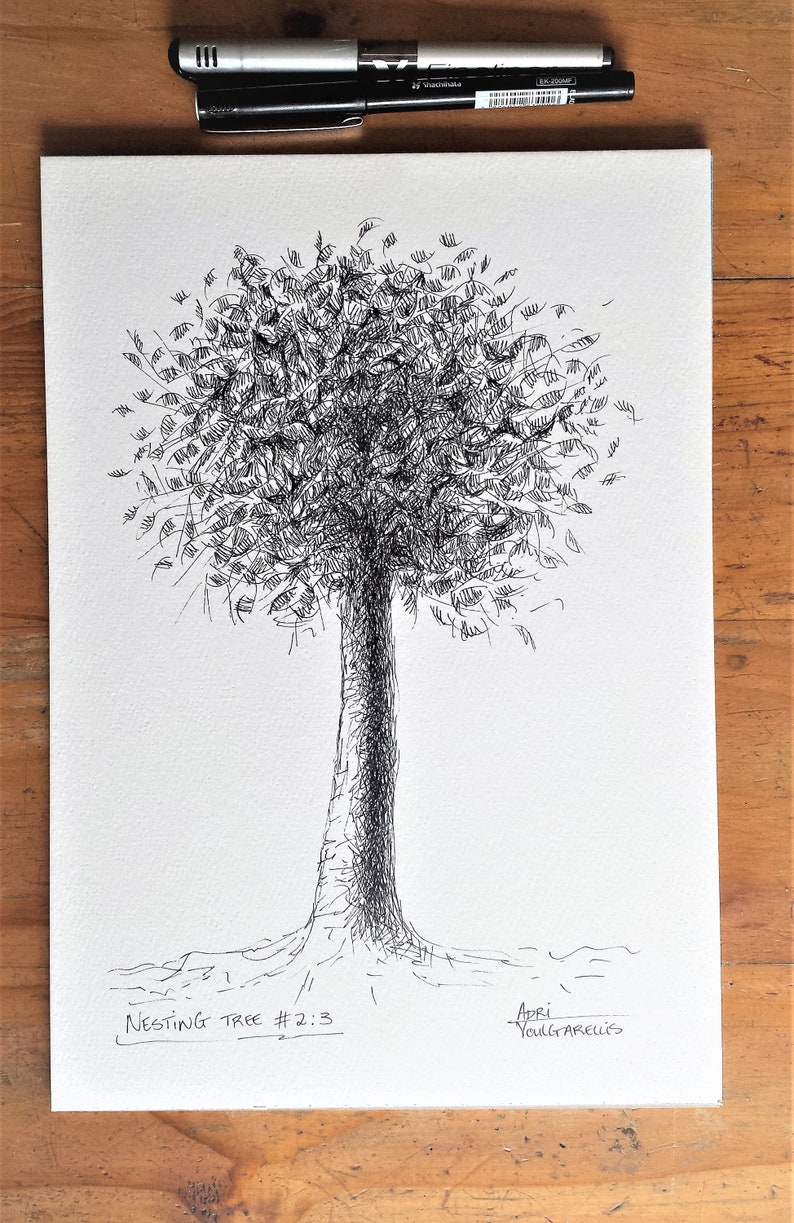 ORIGINAL Art Nesting Tree Pen Drawing Gift on Paper | Etsy