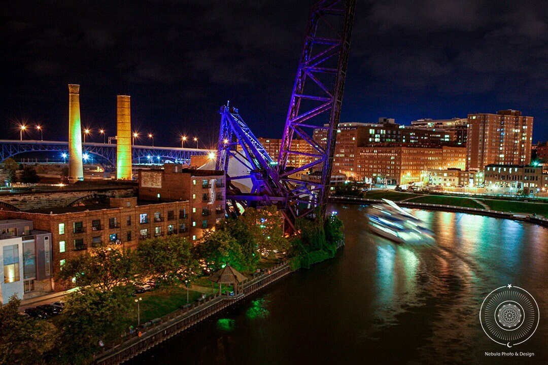 Cleveland Skyline Photography Print: Cuyahoga River Night Lights - Etsy
