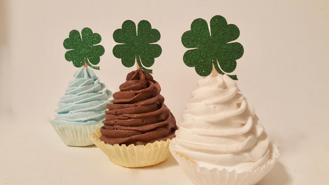 Shamrock Cupcake Toppers St Patricks Day Green Glitter Four Leaf Clover ...
