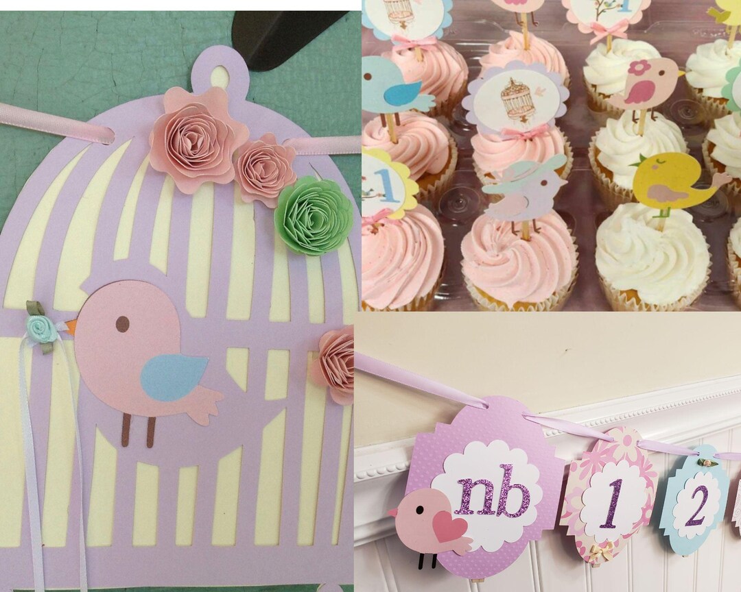 Bird Birthday Party Decoration Set: Banner, Cake Topper, Favor Tags - Etsy