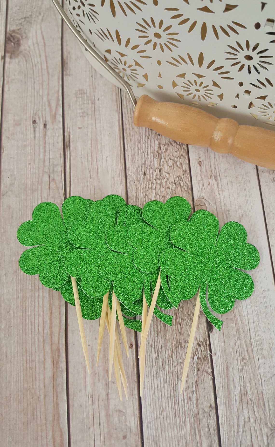 Shamrock Cupcake Toppers St Patricks Day Green Glitter Four Leaf Clover ...
