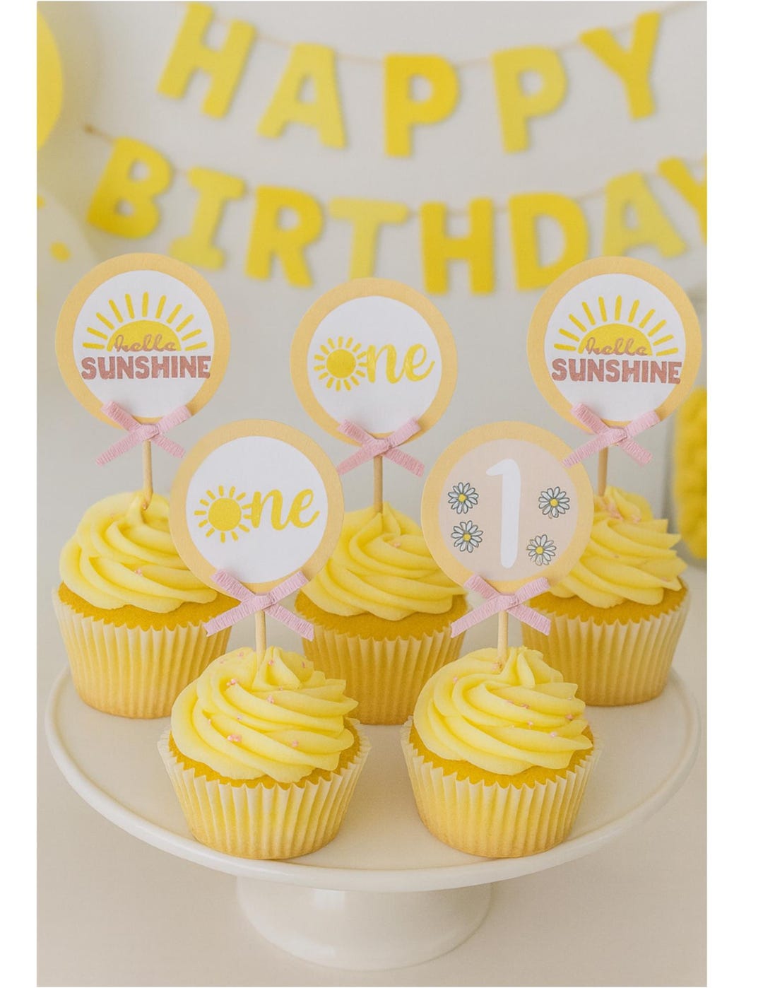 Hello Sunshine First Birthday Cupcake Toppers: Pink Bow, Set of 12 - Etsy
