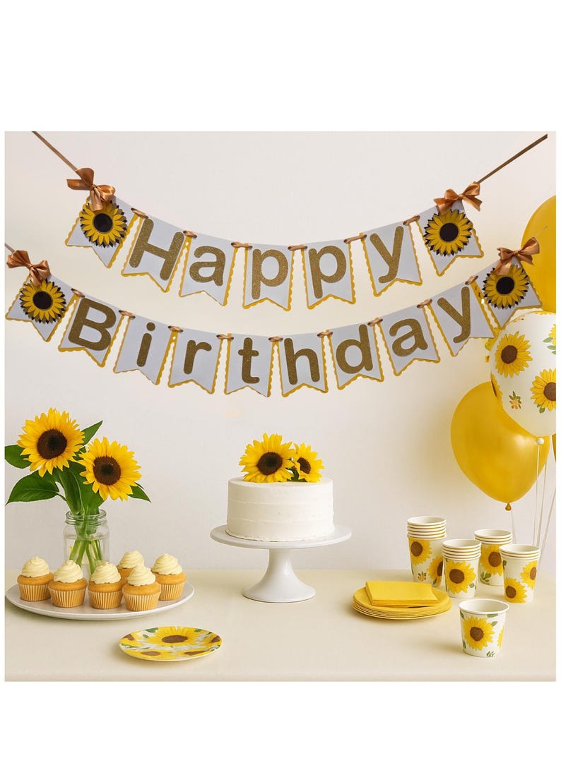 Sunflower Happy Birthday Banner: Gold Glitter, Rustic Farmhouse Decor ...