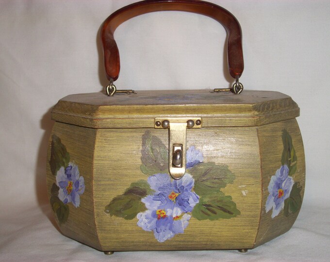 VINTAGE WOODEN PURSE With Painted Lavender Flowers - Etsy
