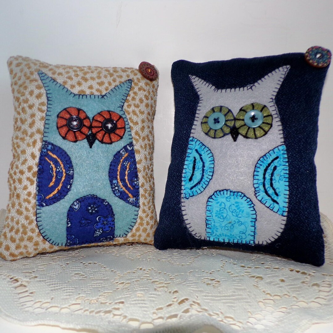 Owls Unique Folk Art Pillows, Handmade Primitive Style Shelf Pillows ...