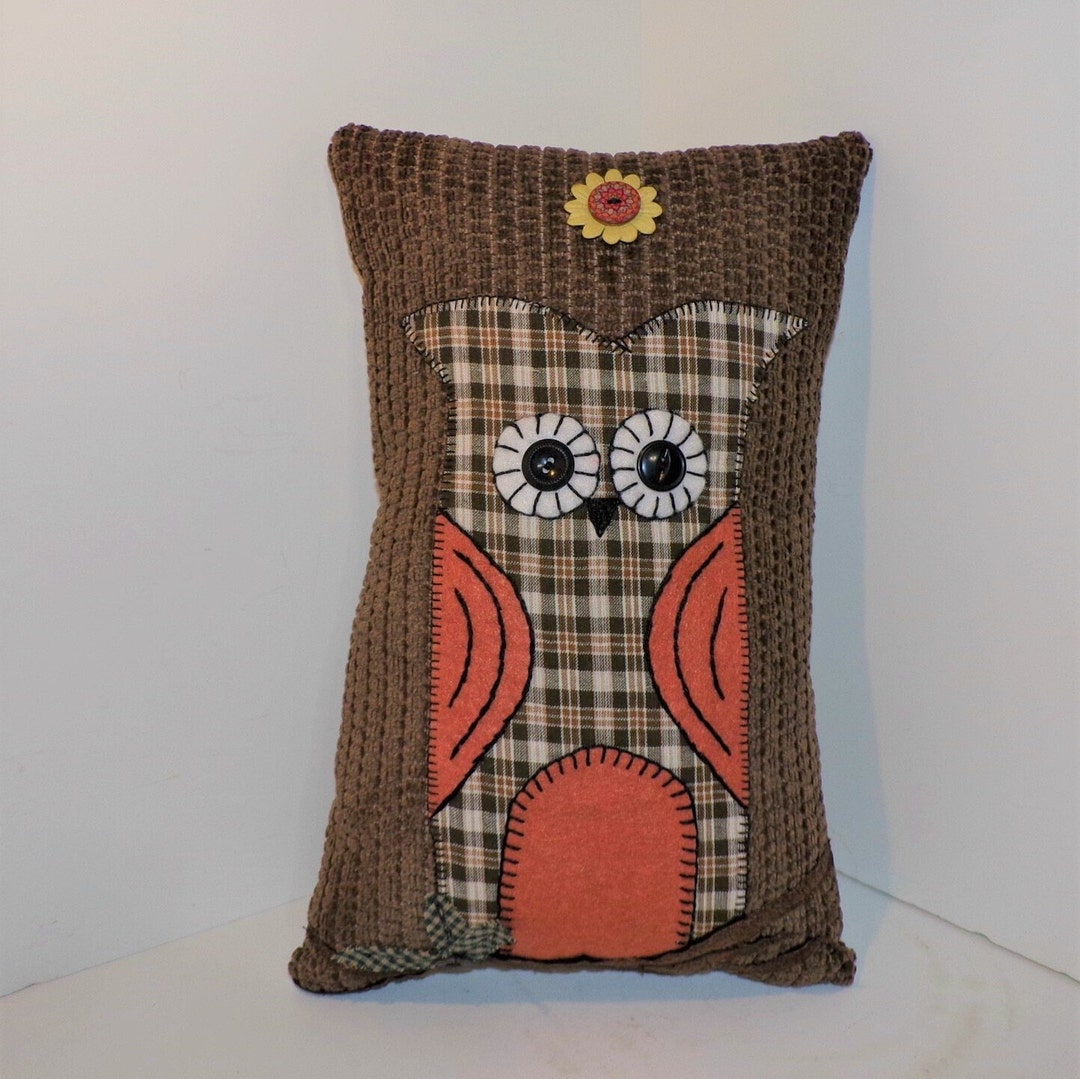 Owl Folk Art Pillow Primitive Country Style Accent Pillow Upcycled ...