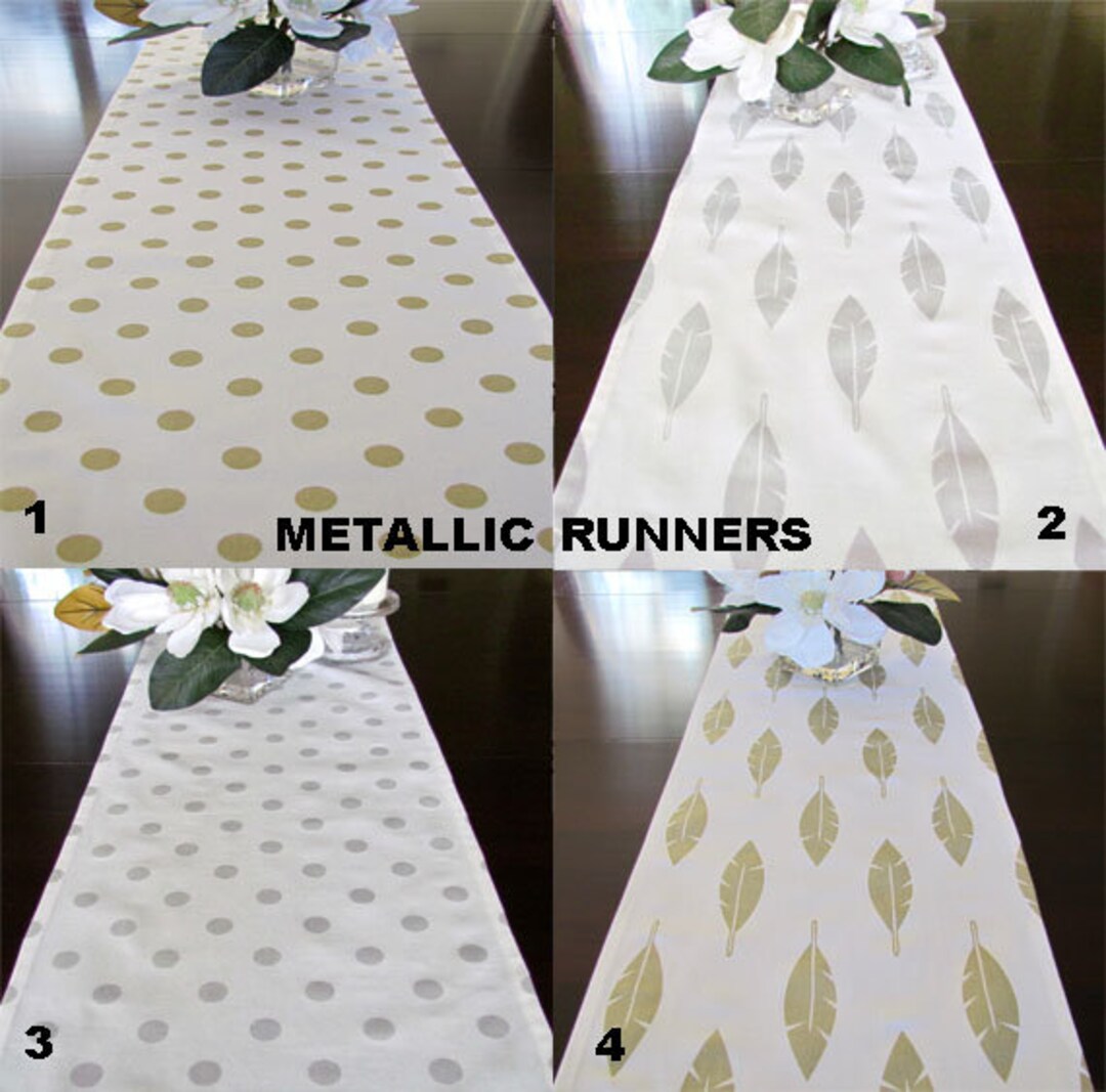 METALLIC GOLD TABLE Runner Metallic Gold Wedding Shower Dots Feathers ...