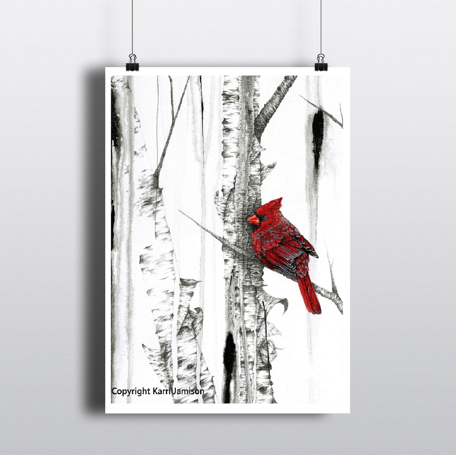 Cardinal Print Cardinal Art Cardinal and Birch Scene Karri - Etsy