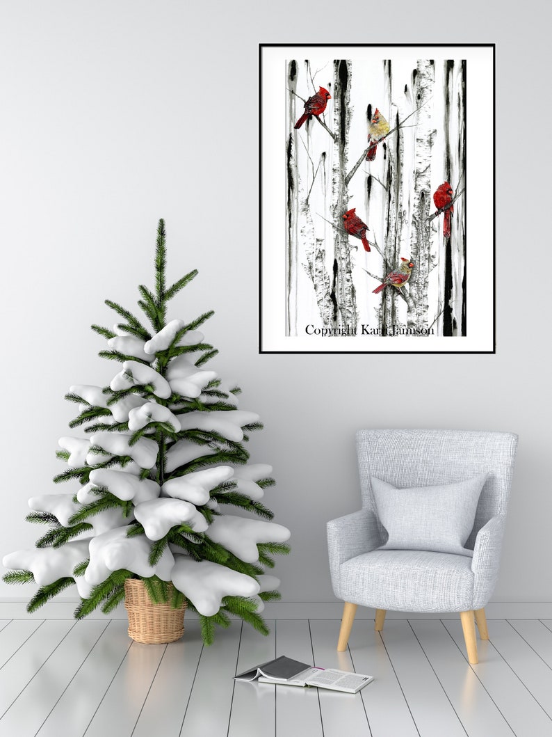 Karri Jamison, Cardinals and Birch Trees, PRINT ON PAPER, Winter ...