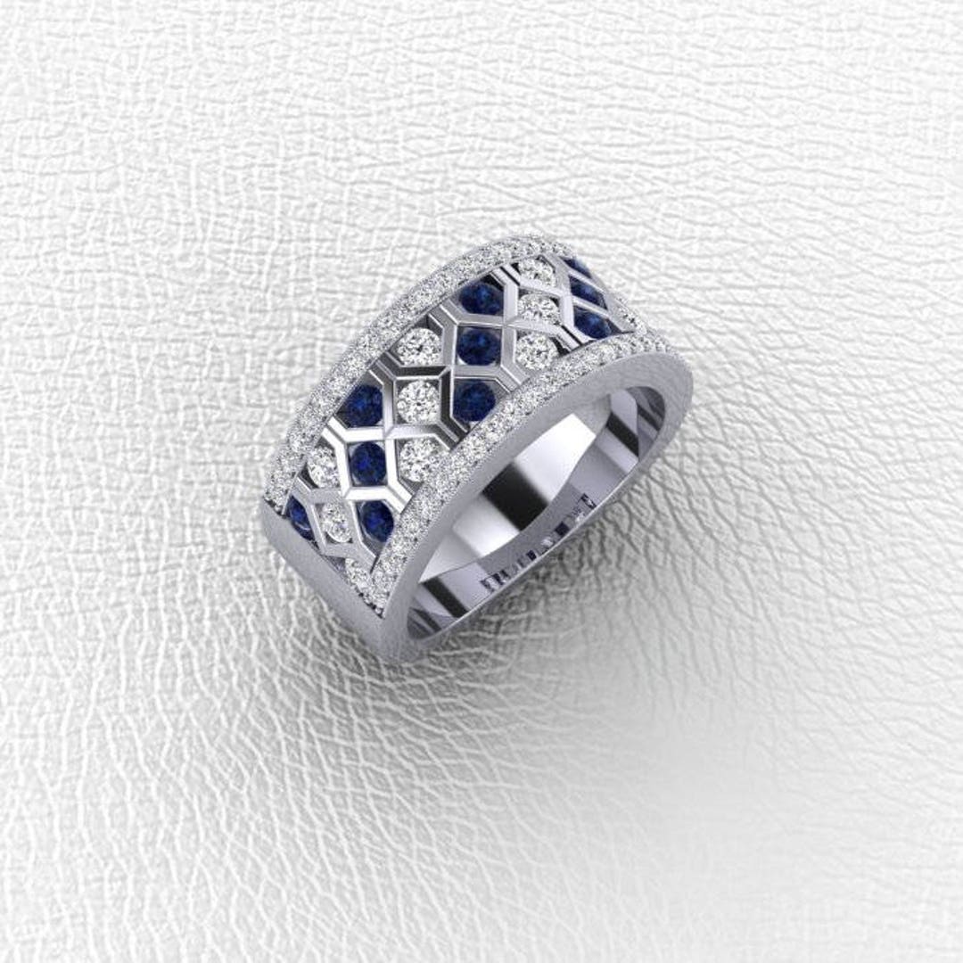 14K White Gold 9mm Channel and Pave Set Half Eternity Right Hand Ring ...