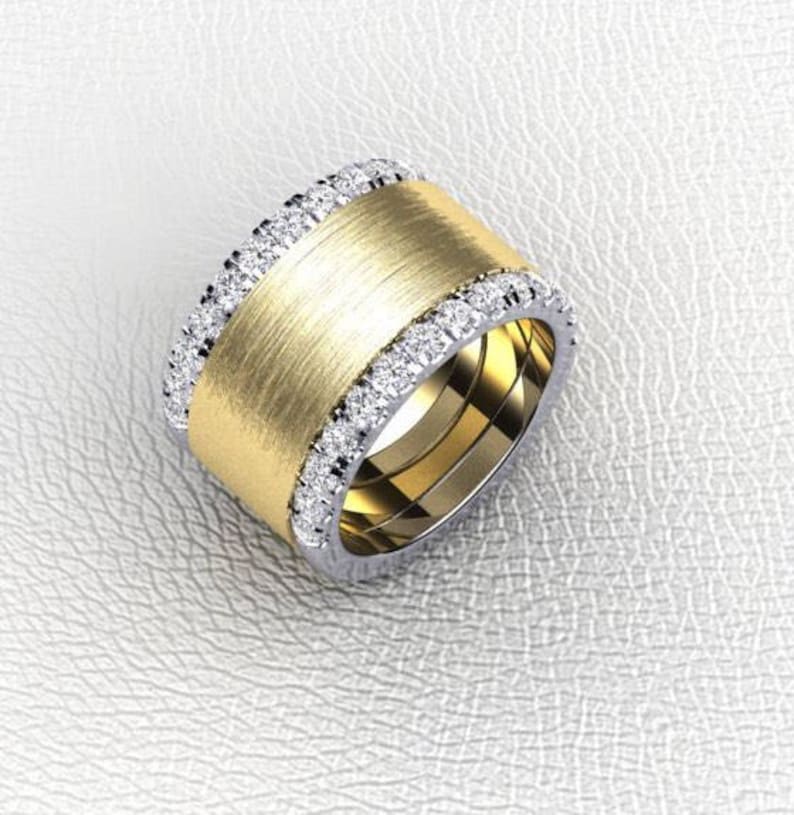Two Tone Wide Cigar Ring U Pave Set Satin Finish 14K White and - Etsy