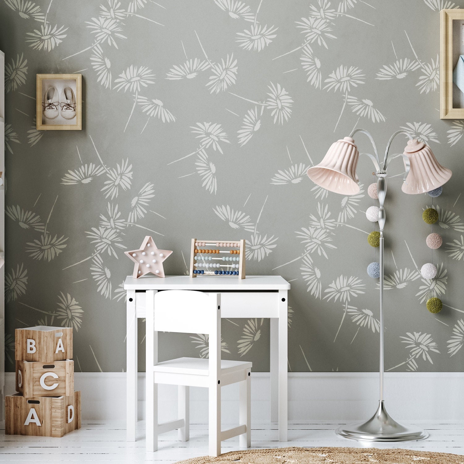 Falling Daisy Flower Stencil: Nursery Wall Painting, Botanical Woodland ...