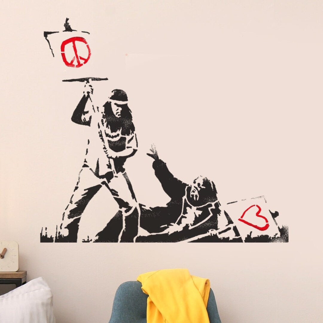 BANKSY Hippy Fight Stencil - Graffiti Style Love Vs Peach Banksy Art ...