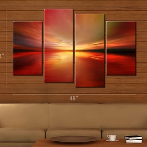 Framed Hugh 4 Panel Abstract Digital Canvas Art Red Ocean Horizon Blaze ...