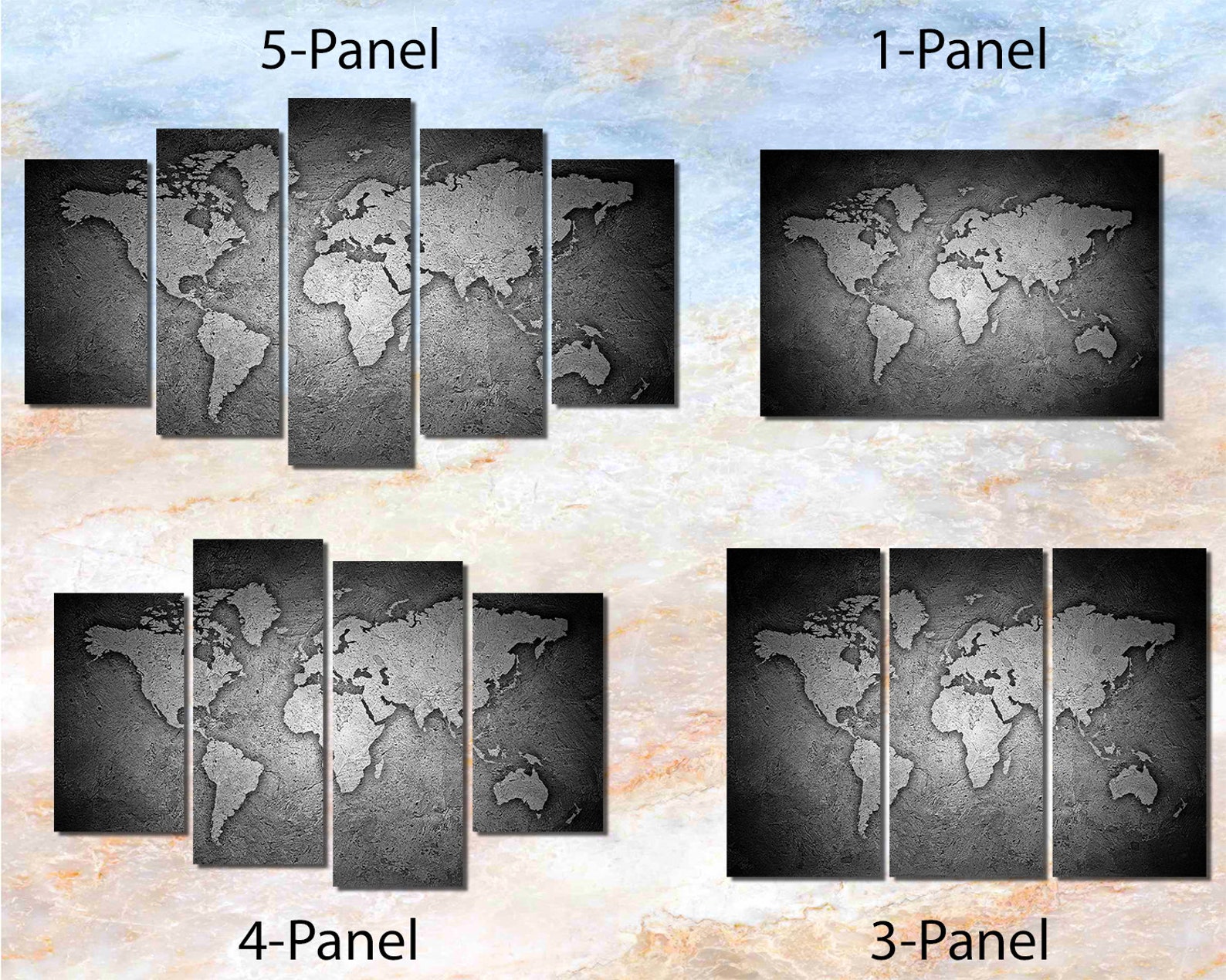 Framed Canvas Art World Map Travel Map Black and White Stone - Etsy