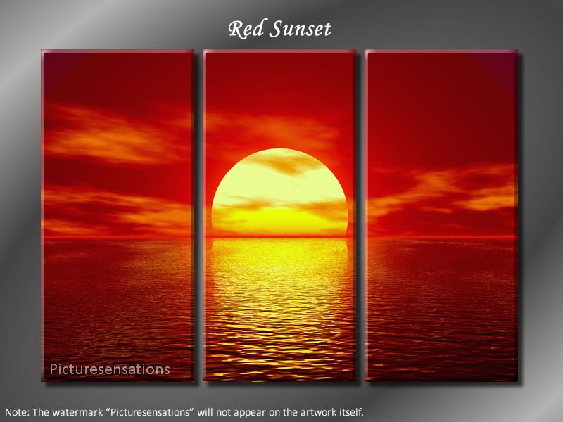 Framed Huge 3 Panel Serenity Ocean Wave Red Sunset Canvas - Etsy