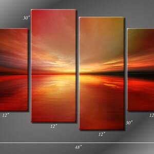Framed Hugh 4 Panel Abstract Digital Canvas Art Red Ocean Horizon Blaze ...