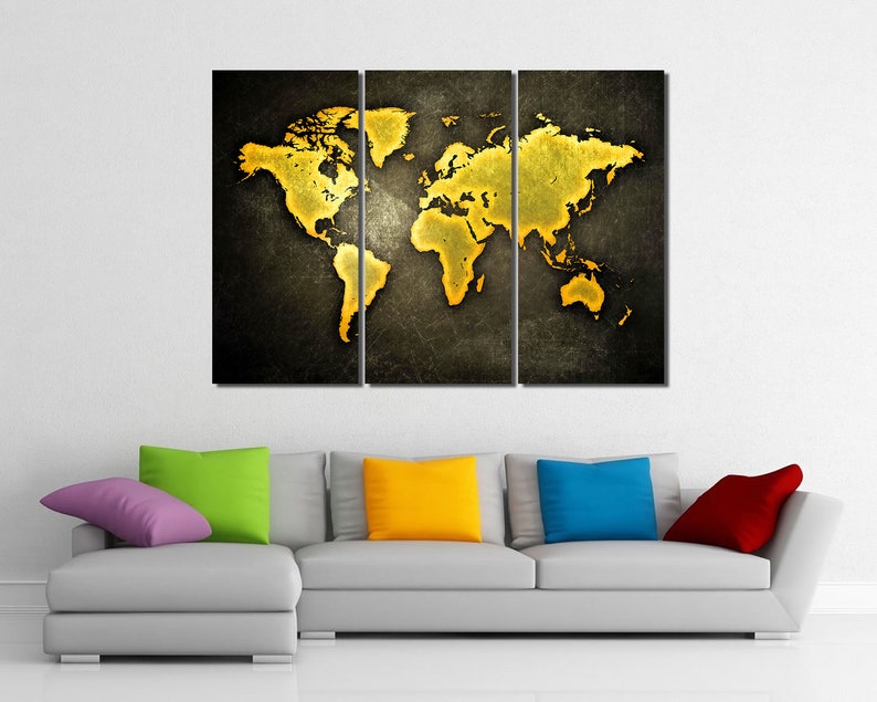 Framed Huge 3 Panel World Map Giclee Canvas Print Ready to | Etsy