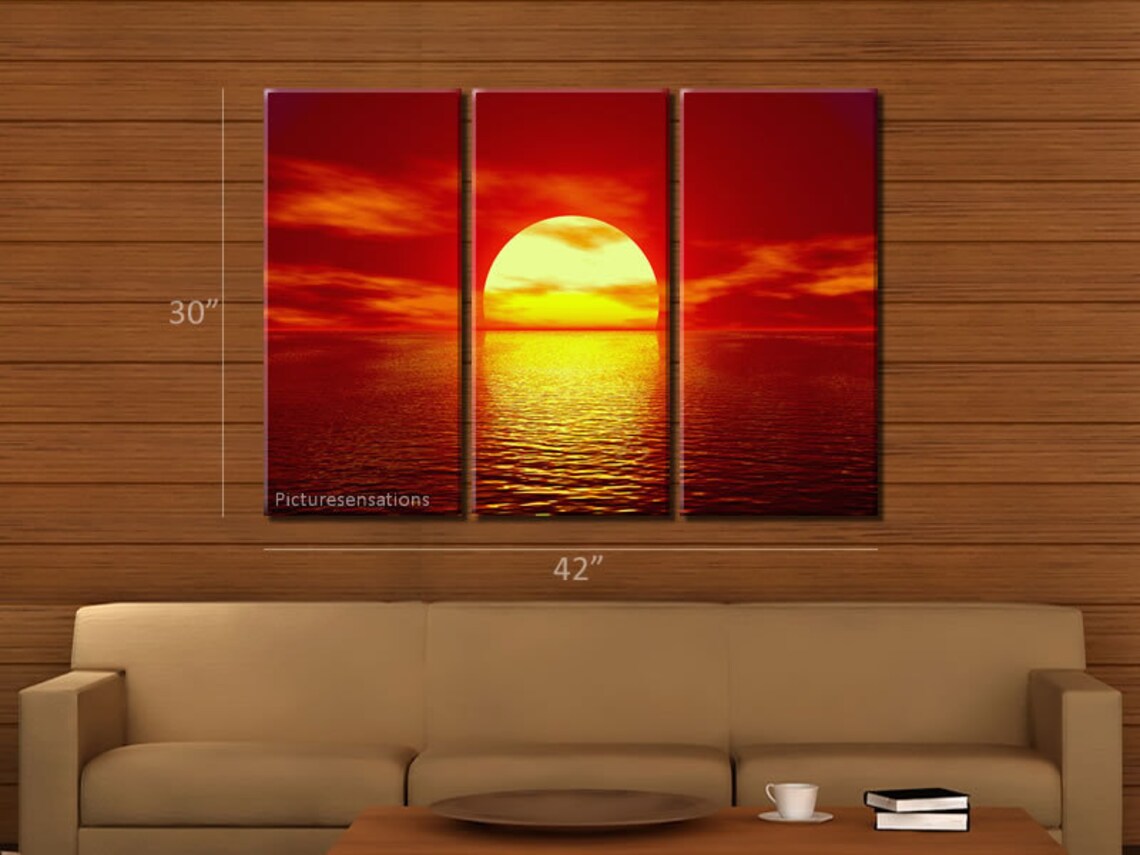 Framed Huge 3 Panel Serenity Ocean Wave Red Sunset Canvas - Etsy