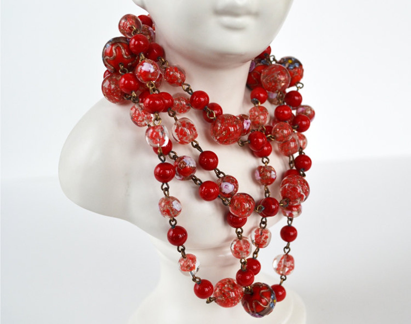 Vintage Red Flapper Necklace Venetian Glass Bead Chain Art | Etsy