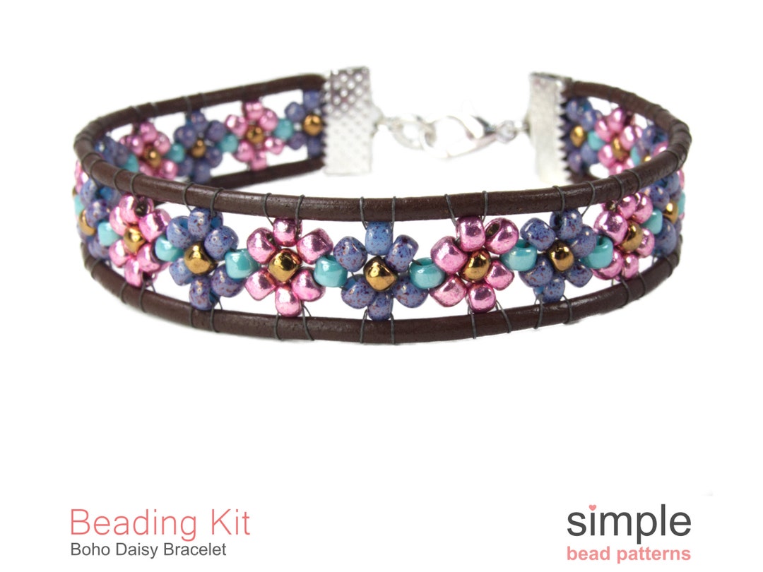 Beaded Daisy Flower Leather Wrap Bracelet Kit for Adults (in Pink ...