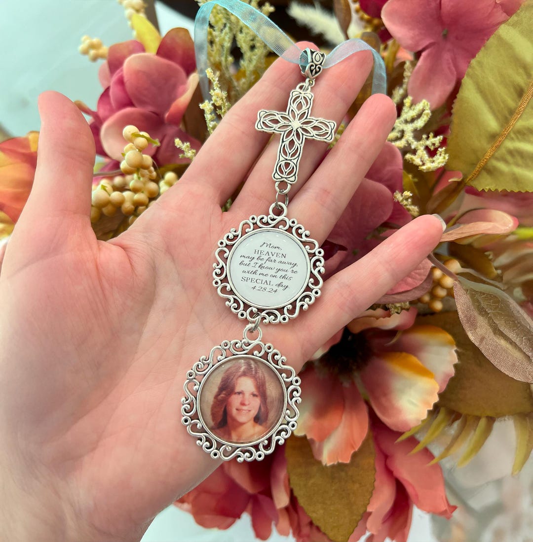 Bridal Bouquet Memorial Photo Charm With Cross - Remembrance Keepsake ...